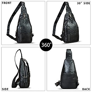 FEIGITOR Genuine Leather Sling Bag Retro Crossbody Sling Backpack Handmade Chest Shoulder Bag Daypack Purse Fanny Pack (Black)