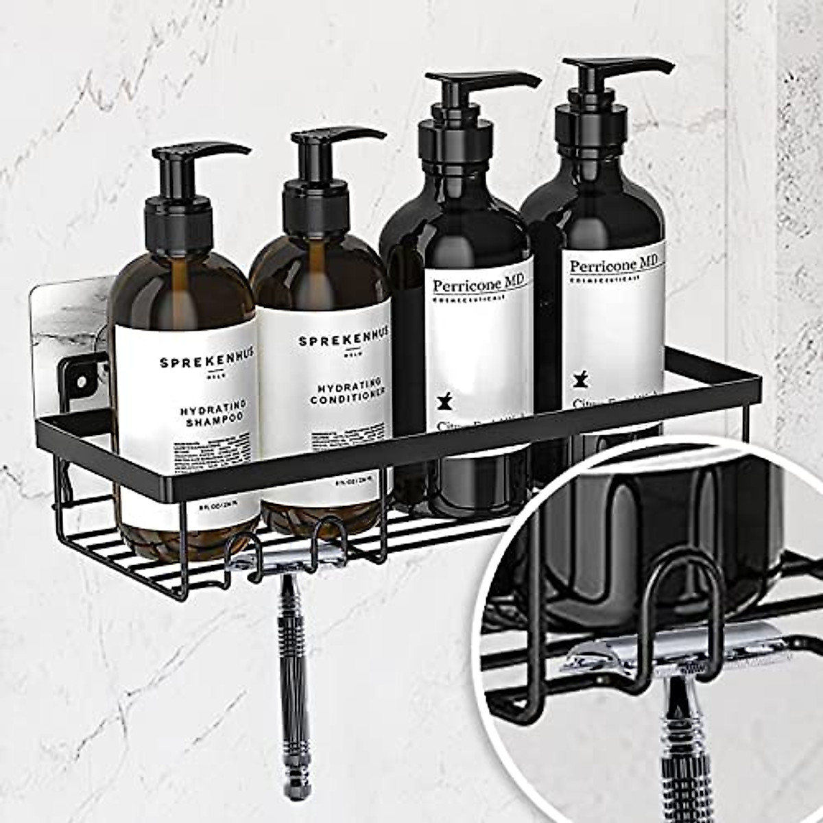 Yebicola Pack of 4 Black Shower Caddy, Self Adhesive, No Drilling, Bathroom Shower Organizer with Soap Holder and 12 Hooks, Rustproof Stainless Steel Shower Shelves for Inside Shower