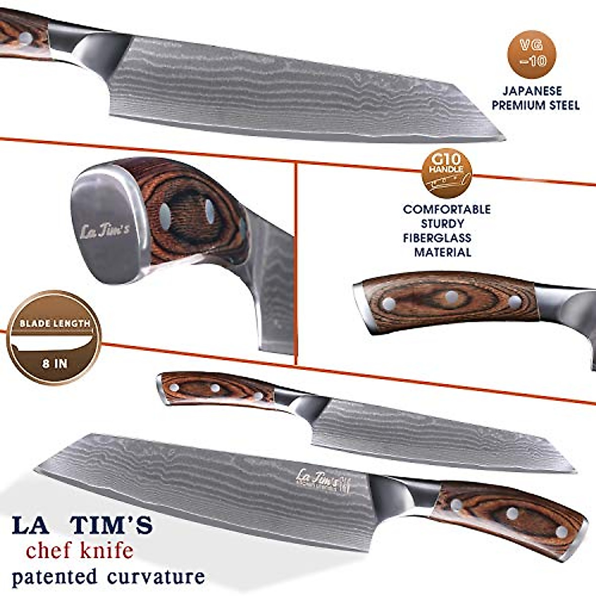 Latim's Professional Chef Knife 8 inch，Damascus Kitchen Knives Made of Japanese VG-10 Stainless Steel with Unique Pattern，Ultra Sharp Blade and Ergonomic Handle