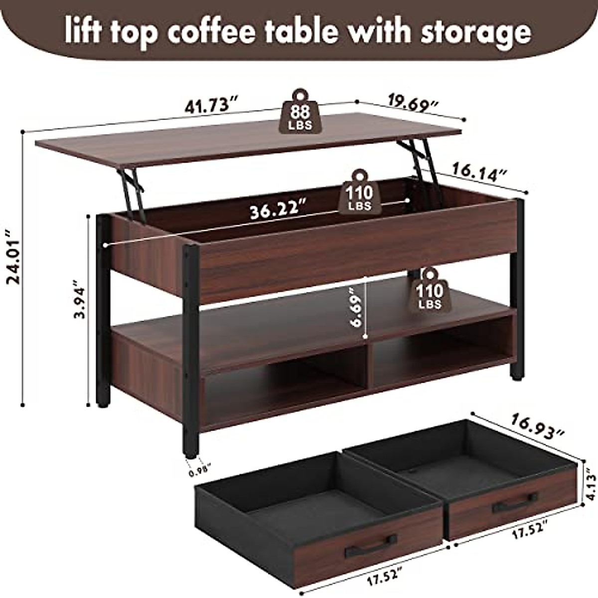 Winkalon Coffee Table, Lift Top Coffee Table with Storage Shelf and Pop up Adjustable Lift Tabletop, 41.7" Wood Coffee Tables for Living Room with 2 Drawers and Hidden Compartment(Espresso Coffee)