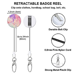 Badge Reels Retractable with Carabiner Reel Clip, Worker Badge Holder Belt Ferrule, Identity ID Badge Holder Case, Nurse Doctor Office School Teacher Name Credit Card Pocket (H-Marble Purple Pink)