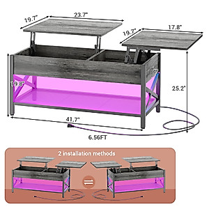 Besiost Coffee Table, Lift Top Coffee Table with Storage, LED Light & Power Outlet and Hidden Compartment, Retro Center Table for Living Room, X Support Wood Tabletop, Metal Frame, Black Oak