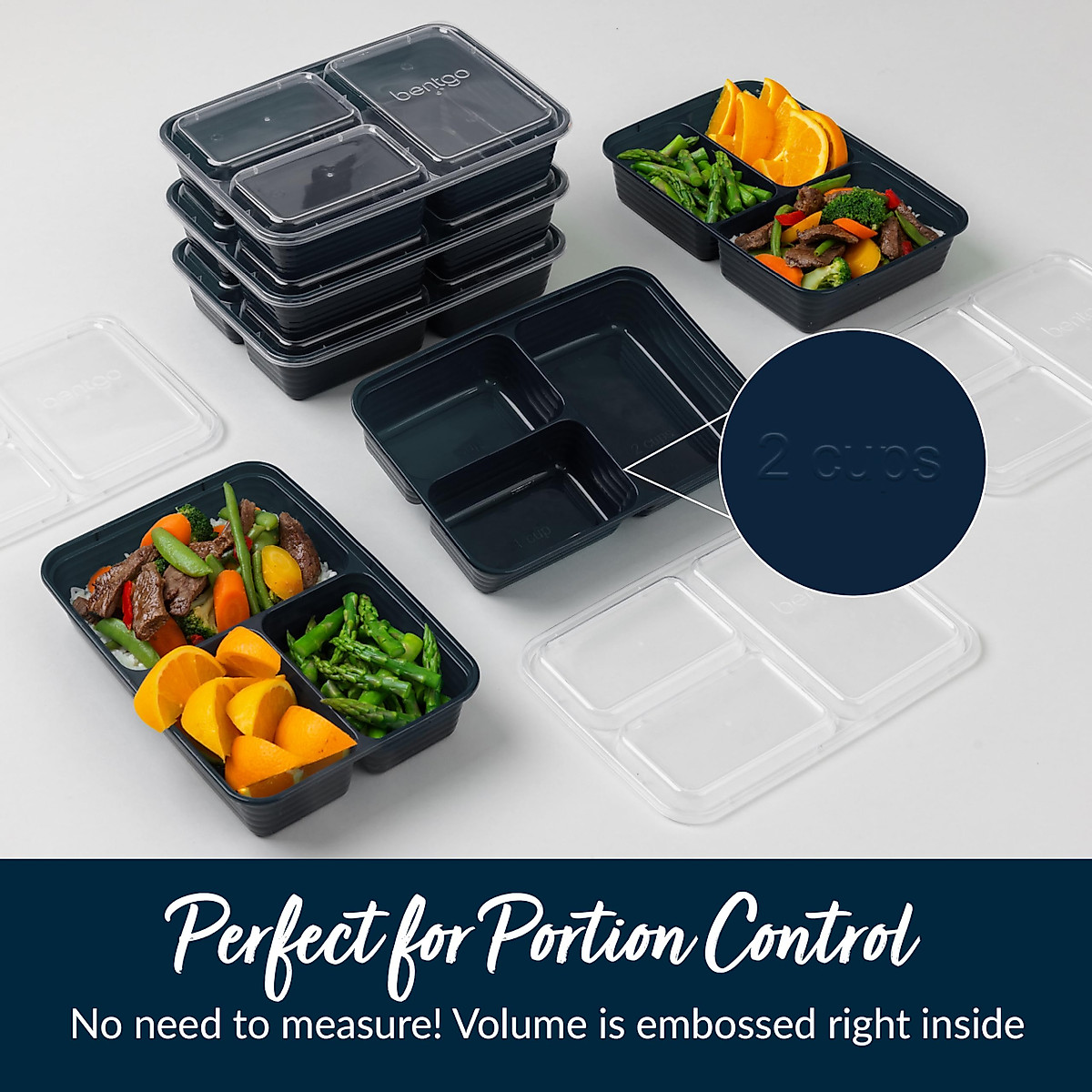 Bentgo Prep 3-Compartment Meal-Prep Containers with Custom-Fit Lids - Microwaveable, Durable, Reusable, BPA-Free, Freezer and Dishwasher Safe Food Storage Containers - 10 Trays & 10 Lids (Navy Blue)