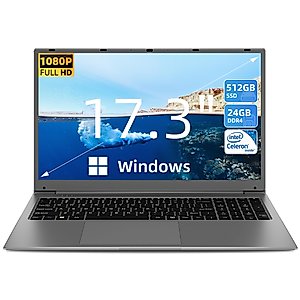 SGIN 17 Inch Windows 11 Laptop, 24GB RAM 512GB SSD Laptops Computer with Intel Celeron Quad Core Processor(Up to 2.9 GHz), IPS Display, Mini HDMI, Webcam, Dual Wi-Fi,Bluetooth, 512GB Expansion