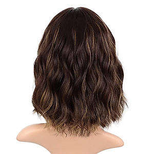 ENTRANCED STYLES Dark Brown Wigs for Women, Blonde Highlights Wig Natural Looking Short Wavy Bob Wig with bangs Medium Length Heat Resistant Synthetic Wig Daily Party Use 12”