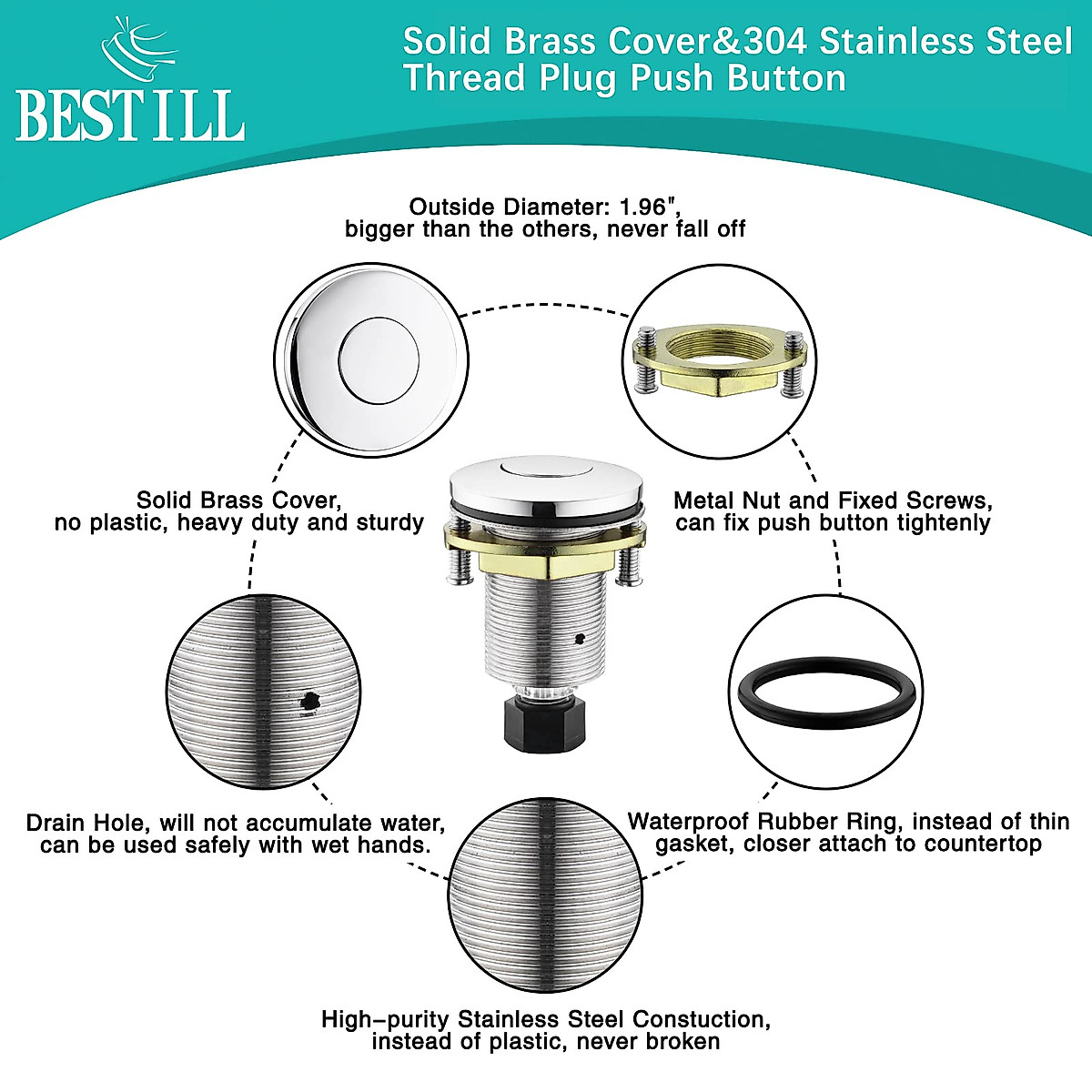 BESTILL Garbage Disposal Air Switch Kit, UL Listed, Sink Top Push Button with Brass Cover, Chrome, Brushed Nickel