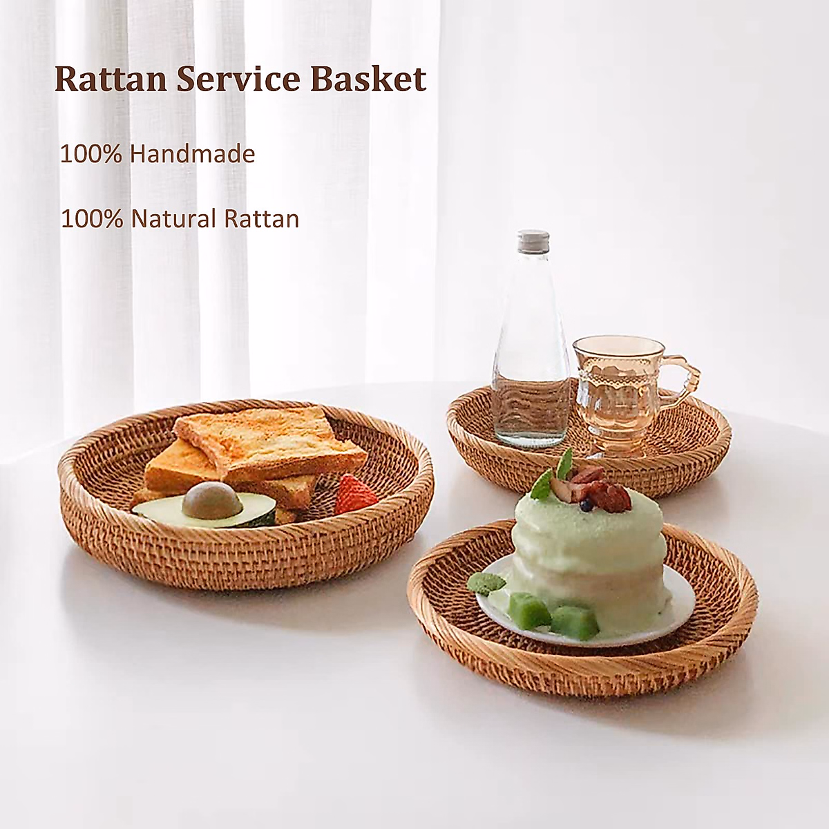 Rattan Fruit Bread Baskets, Stackable Round Handwoven Food Serving Tray Tabletop Decorative Basket for Organizing Kitchen Countertop Serving Nuts Candy Cracker Vegetables (7.9 in)