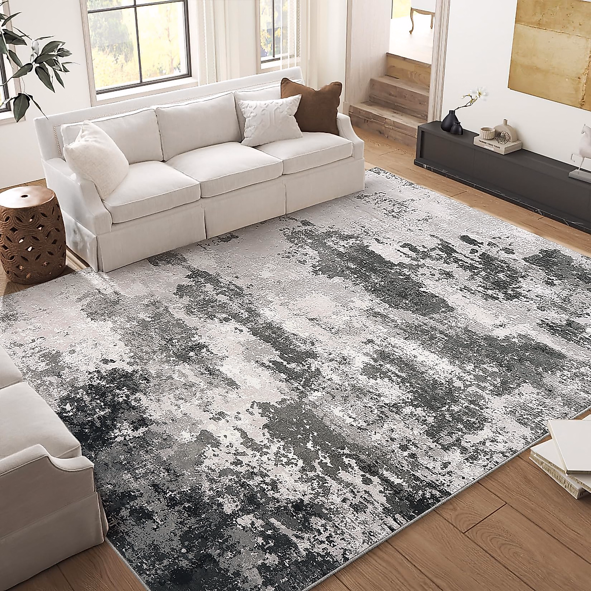 Abstract Area Rug 8'x10', Large Living Room Rug Machine Washable Rug Modern Area Rug Non-Slip Low Pile Rugs Accent Carpet for Bedroom, Kitchen, Home Office, Gray