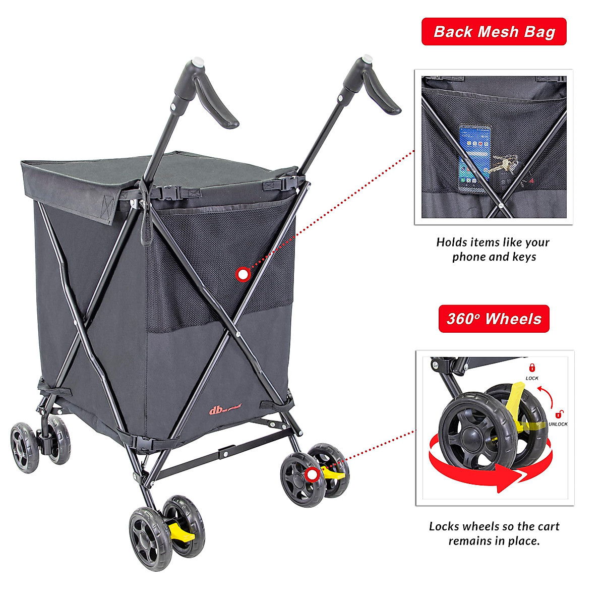 dbest products Cruiser Cart Urban 360 Folding Shopping Grocery Collapsible Laundry Basket on Wheels Foldable Utility Trolley Carrito de Compras
