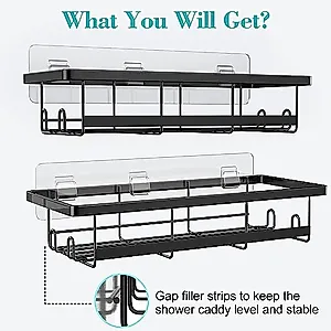 Mycuppca Shower Caddy, 2 Pack Adhesive Bathroom Shower Organizer, Black Shower Shelves with Hooks Stainless Shower Rack for Inside Shower No Drilling Wall Mounted Shower Storage Shower Shampoo Holder