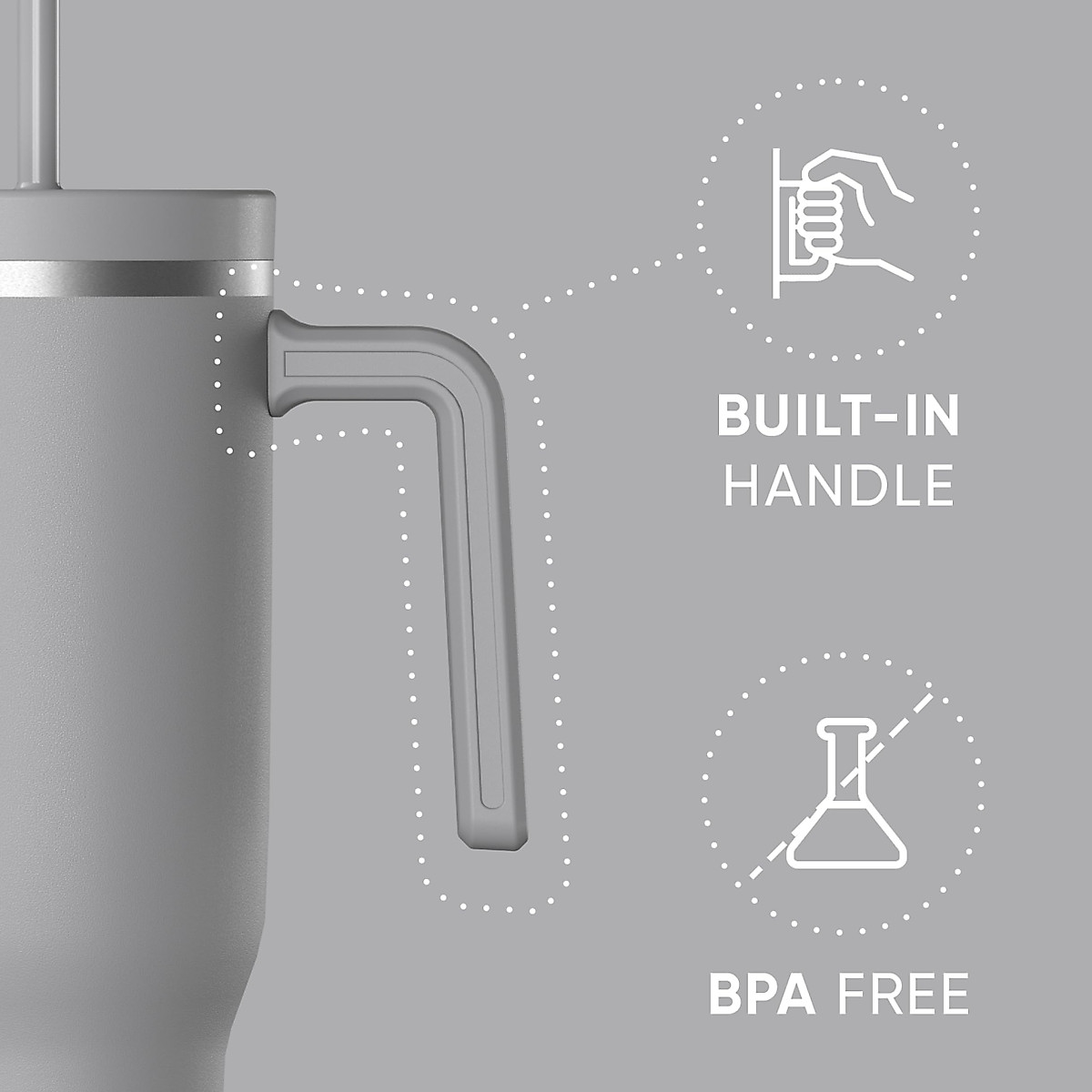 Hydrapeak Voyager 40 Oz Stainless Steel Tumbler with Handle, Insulated Water Bottle With Straw & Lid, Cupholder Friendly Reusable Travel Mug (Grey)