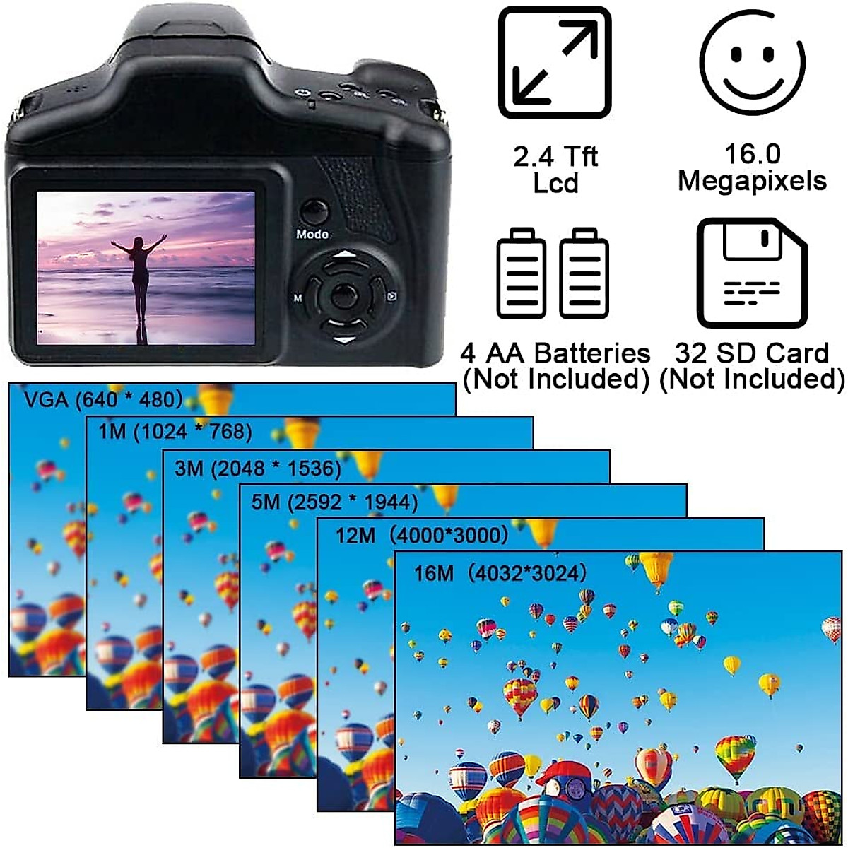 Acuvar Digital Camera, 16 MP Photo Camera Mini Digital SLR Camera, CMOS Sensor 2.4“ TFT LCD Compact with 32GB SD Card, Card Holder, Card Reader, 16X Digital Zoom Video for Children Adults Beginners