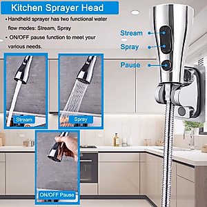 Kitchen Sink Sprayer Attachment for Faucet, ON/OFF Faucet Sprayer Head with Stainless Steel Hose，3 Way Brass Diverter with Aerator, for Kitchen Cleaning, Pet Shower,Hair Washing (5 Adapters）