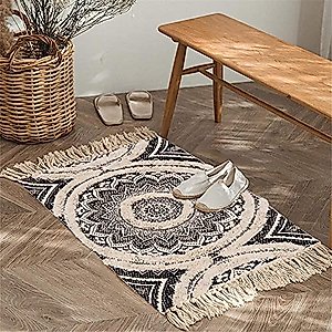 Seavish Tufted Cotton Rug, 2X3 Black Mandala Boho Rug, Hand Woven Bohemian Throw Rugs, Shag Accent Fringe Tassel Rug for Bedroom Bedside Kitchen, Laundry Room Rug