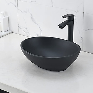 Oval Black Vessel Sink with Faucet and Drain Combo -Bokaiya 16x13 Ceramic Bathroom Sink Above Counter Vessel Sink Oval Porcelain Ceramic Bathroom Lavatory Vanity Sink Art Basin Set