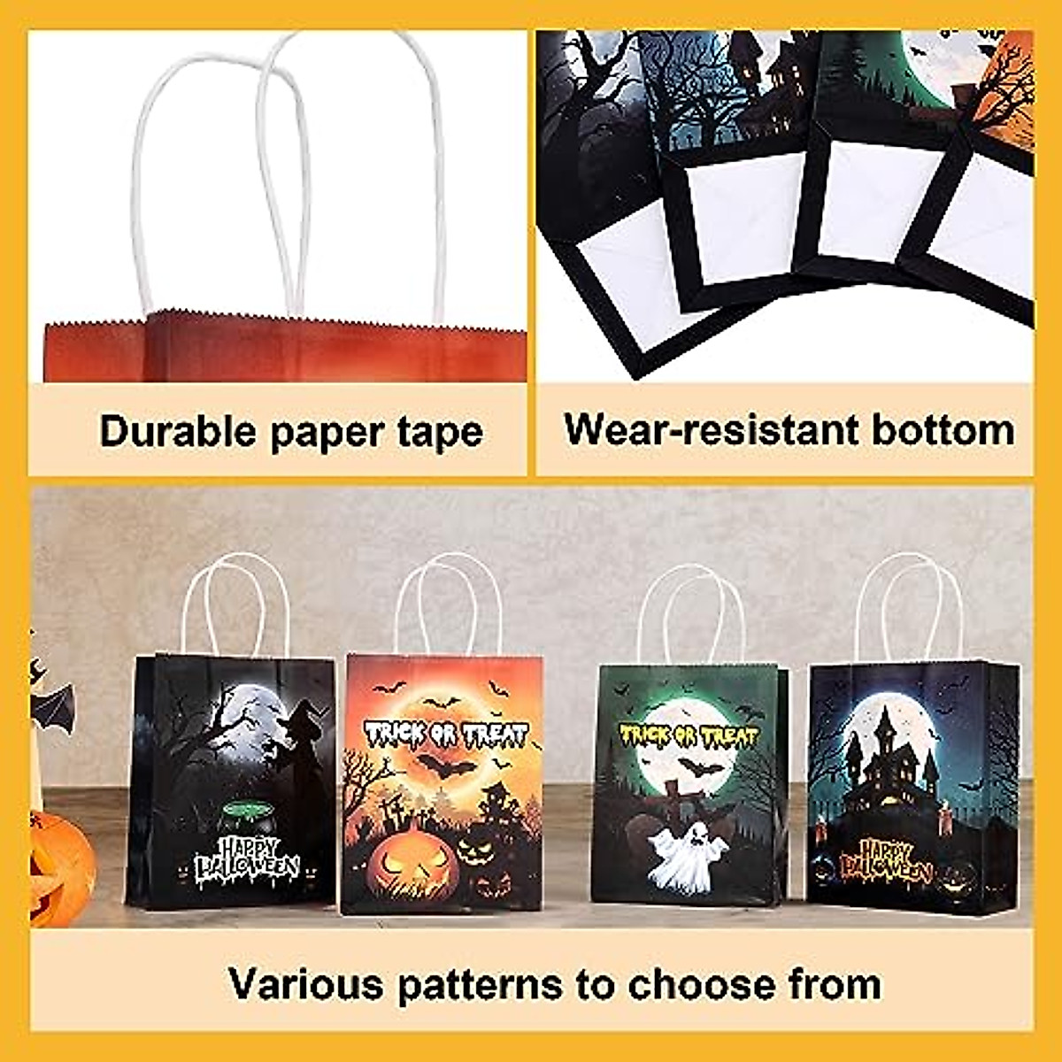 PAICUIKE 24 Pcs Halloween Paper Gift Bags - 6.3x3.1x8.3Inch Small Trick or Treat Gift Bags with Handles, Ideal for Kids' Parties