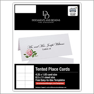 Pink Tea Rose Printable Place Cards, Set of 60 (10 Sheets), Laser & Inkjet Printers - Wedding, Party, Dinner, and Special Events - Made in the USA