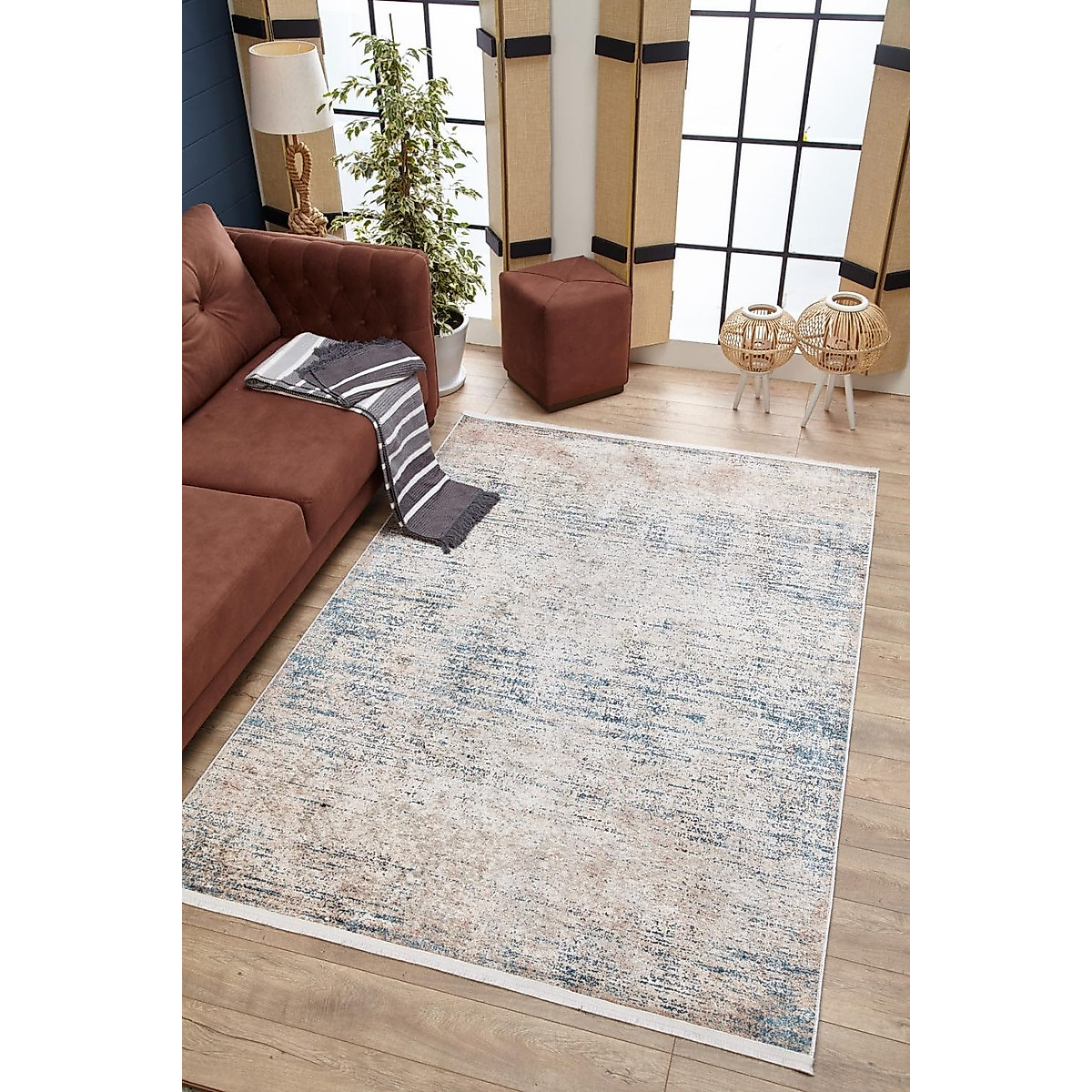 BESPOKY 3'11" x 6'7" - 120 x 200 Cm Caman Blue Modern Cotton Machine Washable Non Slip Living Room Bedroom Nursery Hallway Indoor Outdoor Area Rug