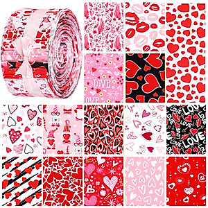 Buryeah 75 Pcs Valentine's Day Fabric Roll 2.5 Inch Red Heart Precut Fabric Quilting Strip Holiday Prints Fabric Bundle for Quilting Cloth Patchwork Sewing DIY Craft, 15 Styles