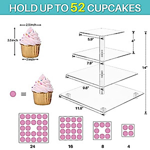 Antimbee 4 Tier Clear Acrylic Cupcake Stand with Gold LED String Lights, Square Tower Cupcake Display Holder