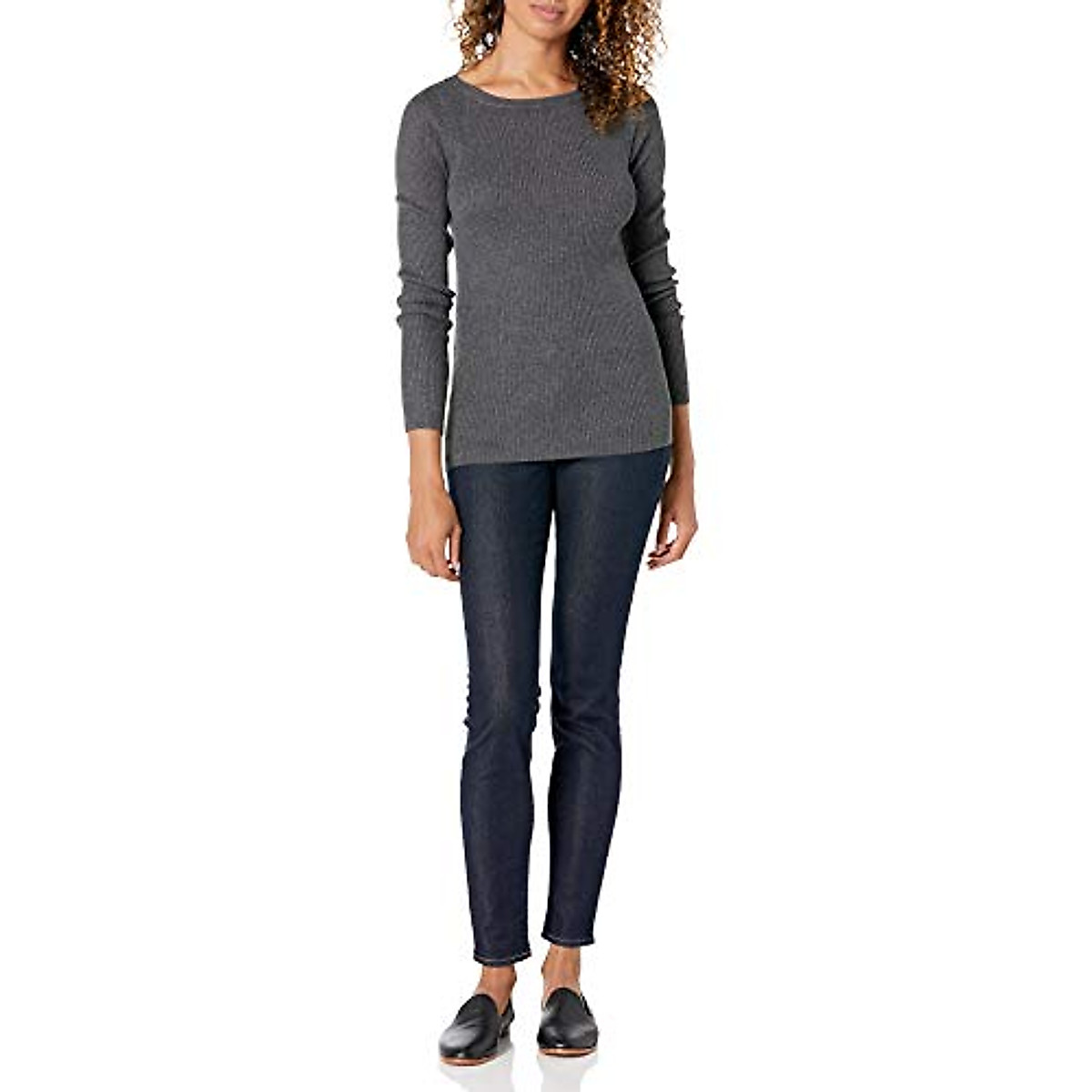 Amazon Essentials Women's Lightweight Ribbed Long-Sleeve Boat Neck Slim-Fit Sweater, Charcoal Heather, Medium