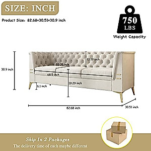 Lunanniu Beige Velvet Couch Sofa, 82" Mid-Century Modern 3 Seater Couches with Flared Arms and Removable Cushions, Upholstered Tufted Chesterfield Velvet Sofa with Gold Legs for Living Room (Beige)