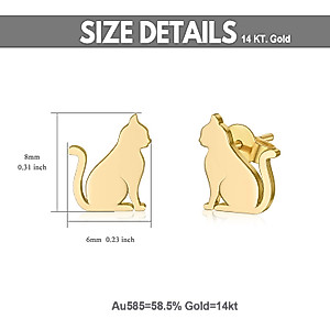 Solid 14k Gold Cat Earrings, Real 14 Carat Gold Stud Earrings for Women Teens, Animal Jewelry Gifts for Her