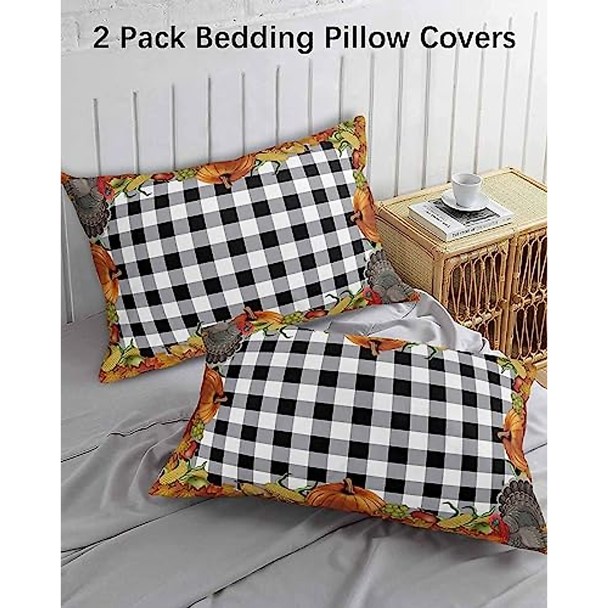 Thanksgiving Pillow Covers Standard Size Set of 2 Bed Pillow, Black White Plaid Turkey Farmhouse Pumpkin Maple Leaf Plush Soft Comfort for Hair/ Skin Cooling Pillowcases with Envelop Closure 20''x26''