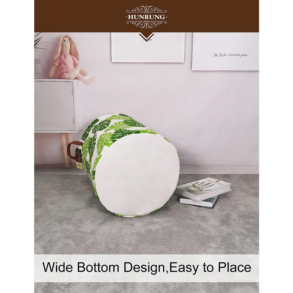 HUNRUNG Laundry Hamper,Large Canvas Fabric Lightweight Storage Basket Toy Organizer Dirty Clothes Collapsible Waterproof for College Dorms, Children Bedroom,Bathroom (Round Leaf)