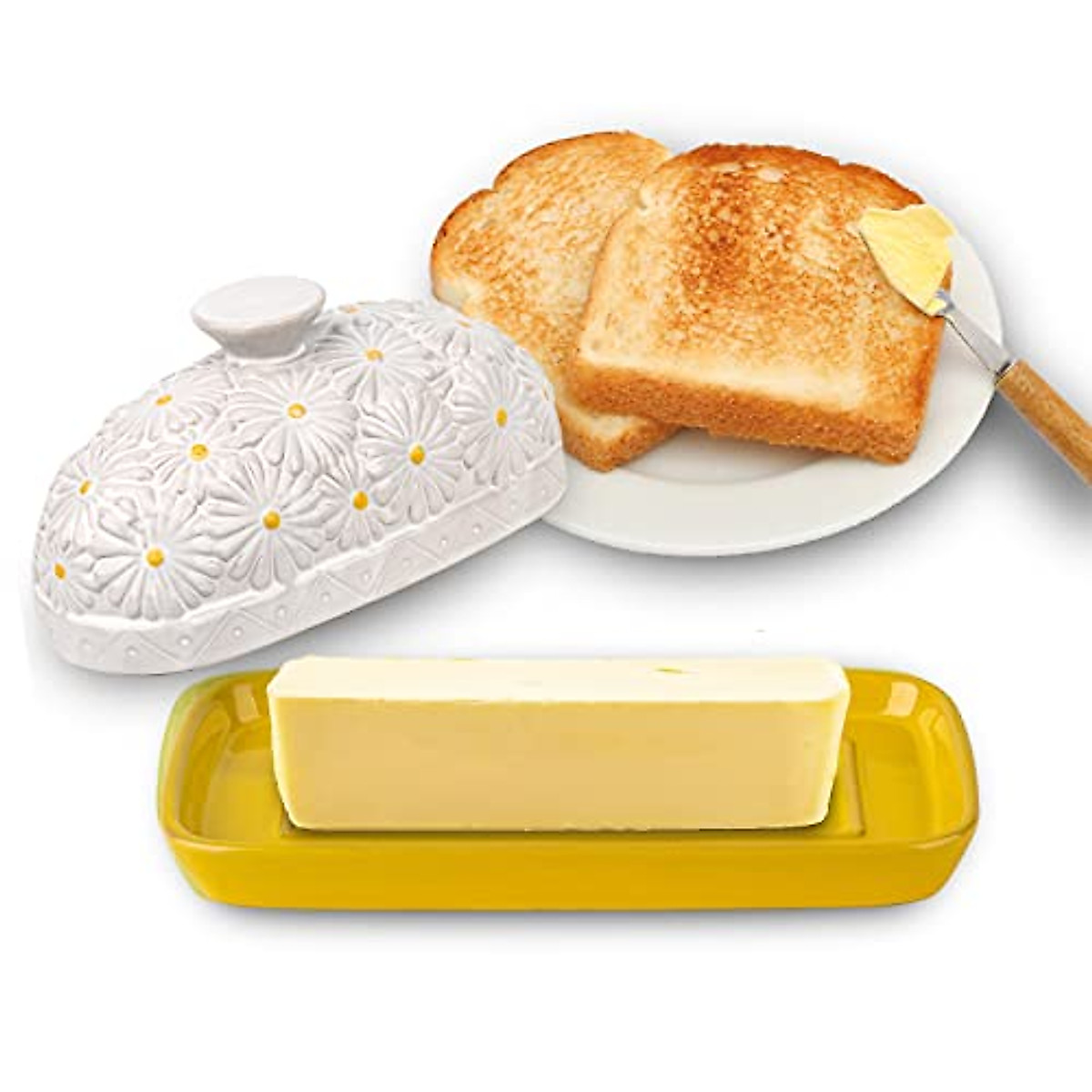 Ceramic Butter Dish With Lid For Countertop Daisy Butter Keeper Butter Container Large Butter Holder Butter Tray Covered Butter Dish Butter Dishes With Lid Butter Storage Butter Holder For Counter