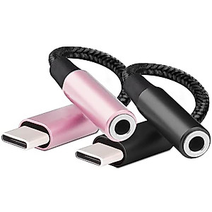 Kedoo USB C to 3.5mm Female Headphone Jack Adapter (2 Pack), Type C to Aux Audio Dongle Cable Cord Hi-Fi DAC Chip for Samsung Galaxy S22 S21+, S9 Note10 Plus, Pixel 5 4 3 XL(Black+Rose Gold)