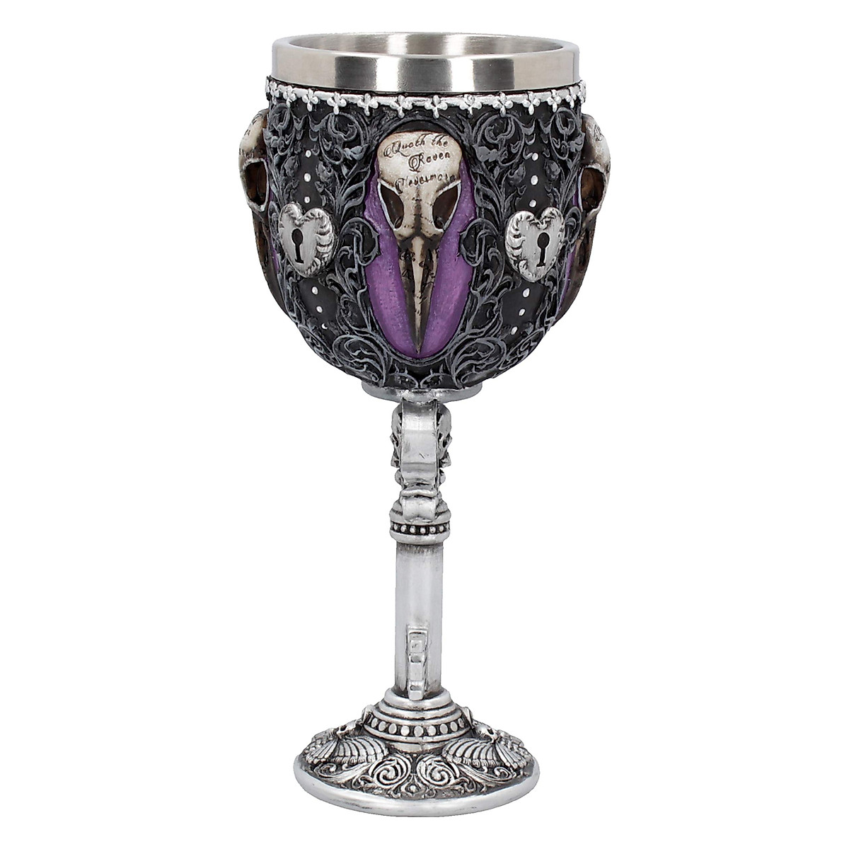 Nemesis Now B4725P9 Edgar's Raven Goblet 18cm, Resin w. Stainless Steel, Purple,silver
