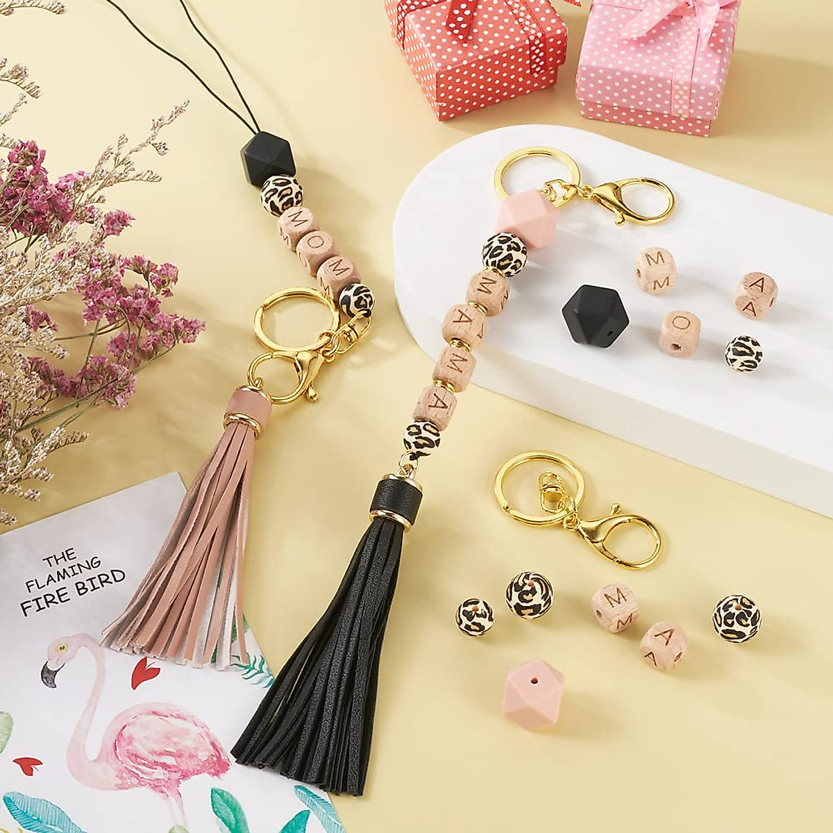 FASHEWELRY 54pcs Mama Silicone Bracelet Keychain Kit 12mm 15mm Leopard Print Silicone Beads Polygonal Silicone Rubber Beads for Mother’s Day Gift Mom Sister Auntie