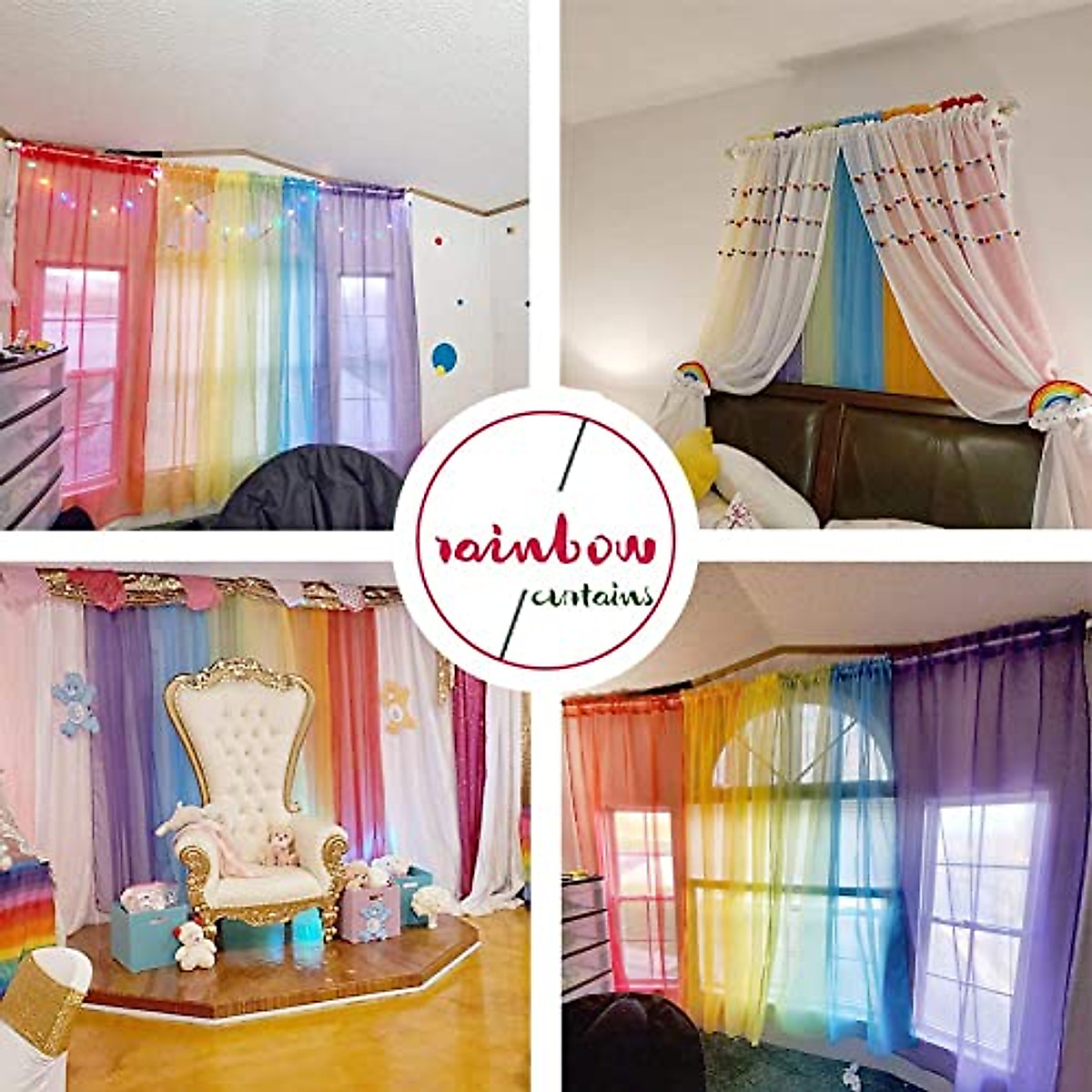 Yancorp 6 Panels Sheer Curtains Rainbow Window Decoration Voile Drapes 84 Inches Kids Girls Boys Party Favor Christmas Classroom Decor Kitchen Bedroom Backdrop(Rainbow,W40 x L84)