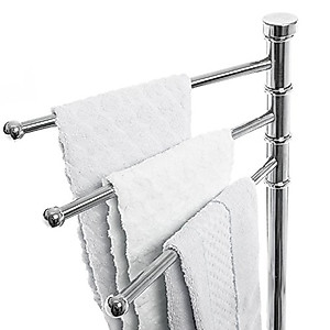 MyGift 38 Inch Silver Metal Freestanding Towel Rack for Bathroom with 3 Swivel Arms and Sturdy Round Base