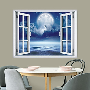 wall26 Removable Wall Sticker/Wall Mural Mystic Blue Full Moon Ocean Sea Horizon Astronomy & Space Nature Digital Art Realism Rustic Landscape Colorful for Living Room, Bedroom, Office - 36"x48"