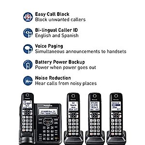 Panasonic Cordless Phone System with Answering Machine, One-Touch Call Block, Enhanced Noise Reduction, Talking Caller ID and Intercom Voice Paging - 4 Handsets - KX-TGF544B (Black)
