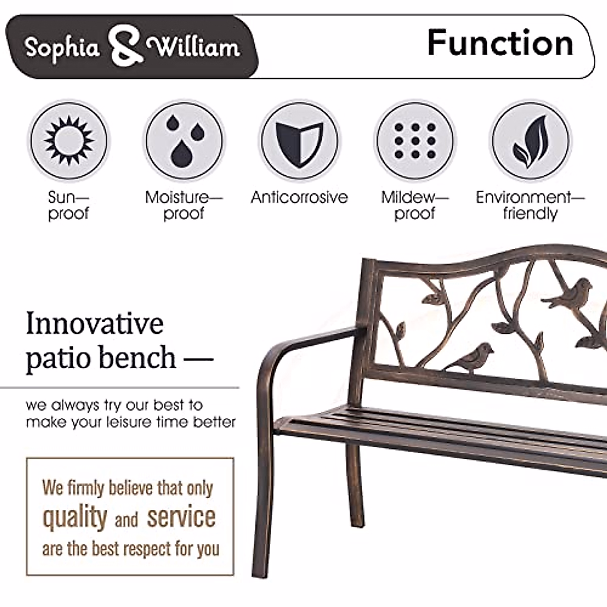 Sophia & William Outdoor Garden Park Bench Patio Metal Bench, Steel Frame Bench with Backrest and Armrests for Porch, Lawn, Balcony, Backyard and Indoor, Bronze