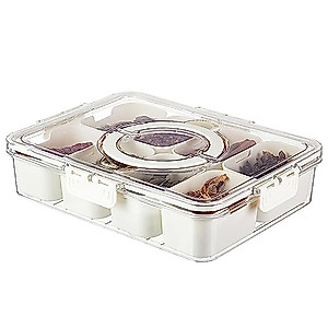 Divided Serving Tray with Lid and Handle,Portable Plastic Veggie Tray,Party Platter,Food Storage Container Box with 4/8 Compartments,for Candy, Fruits, Nuts, Snacks,Picnic (Eight compartments)
