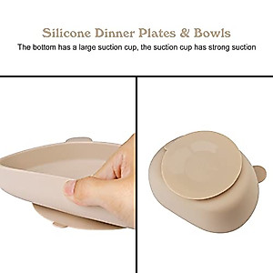 Silicone Baby Feeding Set,4 pcs Suction Plates for Baby,Divided Plates for Toddlers and Kids,Baby Spoon Fork Set for Toddlers,Silicone Plates for Kids (Beige)