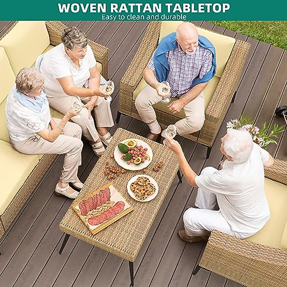 YITAHOME 4 Piece Patio Furniture Set, Outdoor Sectional Sofa PE Rattan Wicker Outside Couch with Table and Cushions, All-Weather Rattan Patio Conversation Set for Porch Lawn Garden Backyard - Khaki