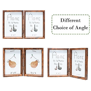 TOFOREVO 4x6 Double Picture Frame Rustic Brown Wooden Hinged Beveled Photo Frame Definition Glass 2 Vertical Openings Stand on Desktop Tabletop