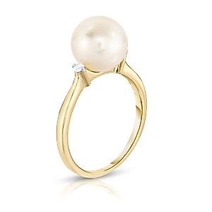 KOKAV 9mm Freshwater Pearl with 1/20 Ct diamonds Elegant Ring in 14K Yellow Gold, Size 7