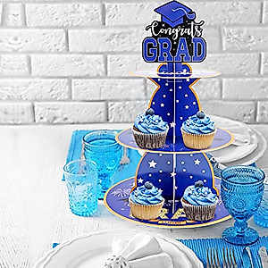2 Set Graduation Cupcake Stand, 3 Tier Round Cardboard Cupcake Stand, Cupcake Holder Perfect for Grad Themed Party Décor, Graduation Party Supplies, Graduation Dessert Favors Supplies (Blue)