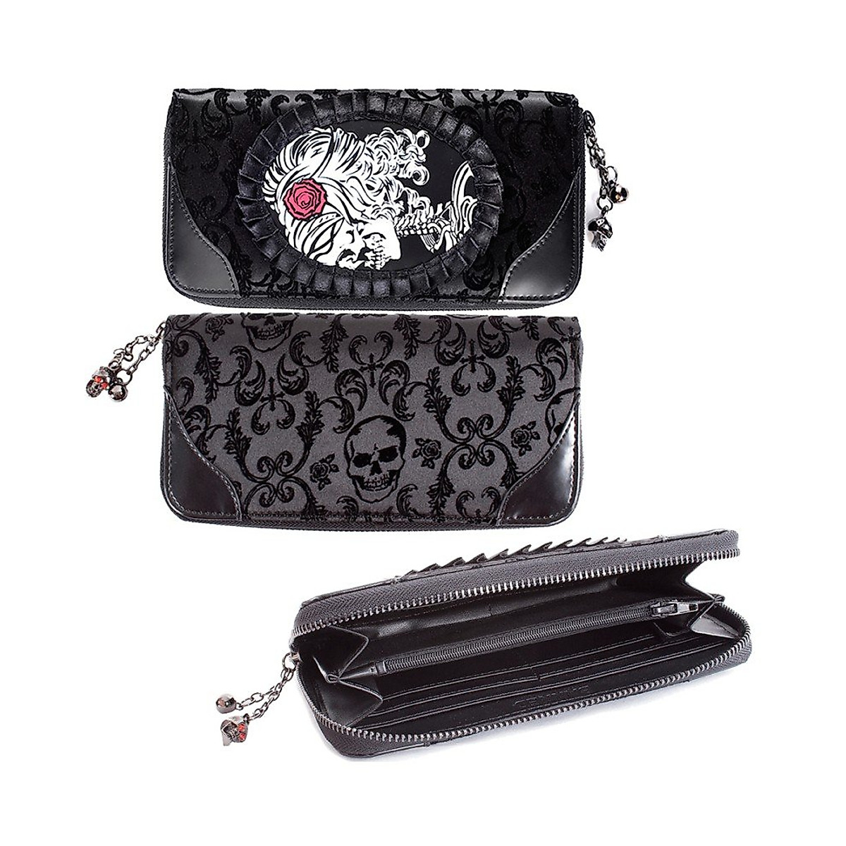 Lost Queen Black Flocked Cameo Skull Lady Rose Gothic Zip Around Wallet