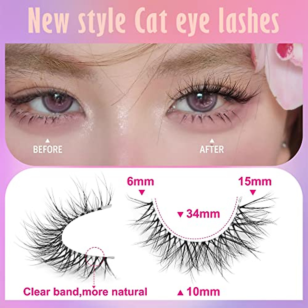 Wispy Lashes Natural Look False Eyelashes Clear Band Fluffy Faux Mink Cat Eye Lashes Pack 15mm 3D Light Fake Lashs that look like Extensions Soft Curly Lash Strips 7 Pairs