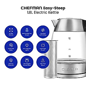 Chefman Electric Glass Kettle, Fast Boiling W/ LED Lights, Auto Shutoff & Boil Dry Protection, Cordless Pouring, BPA Free, Removable Tea Infuser, 1.8 Liters