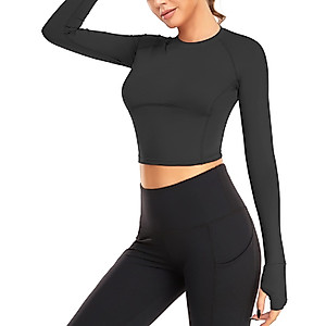 LURANEE Crop Tops for Women,Workout Training Top Raglan Long Sleeve Crew Neck Seamless Moisture Wicking Tight Fitting Yoga Shirts Summer Fitness Apparel Black XS
