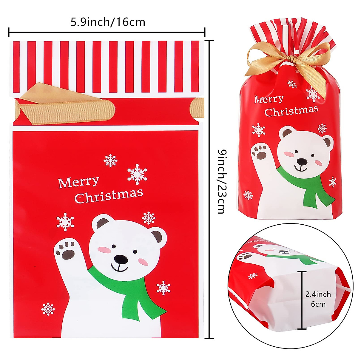 Heniho 60pcs Christmas Treats Bags, 4”x 6” Drawstring Candy Cookie Bags Gift Party Favors