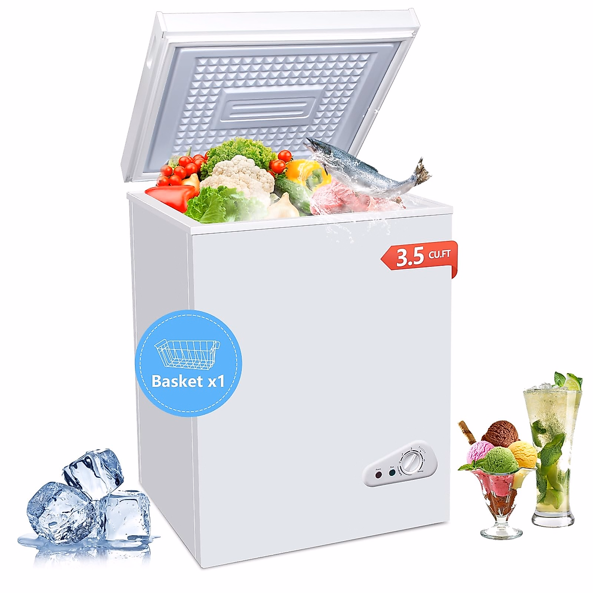 Kazigak Compact Chest Freezer, 3.5 Cu.Ft. Deep Freezer with Basket, 6 Level Adjustable Temperature, Top Door Mini Freezer White